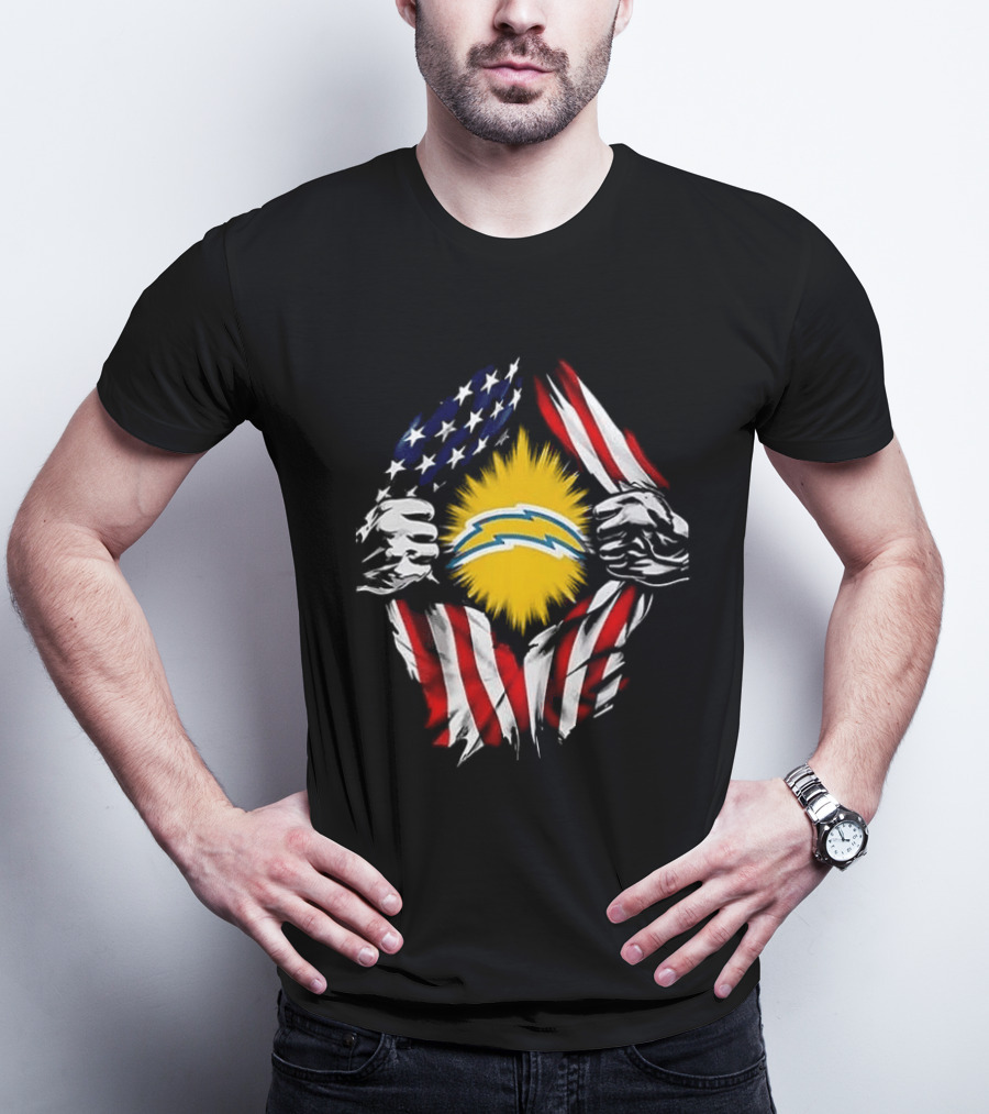 Los Angeles Chargers Superman Skull Cap Backwards USA Flag Power T-Shirt
