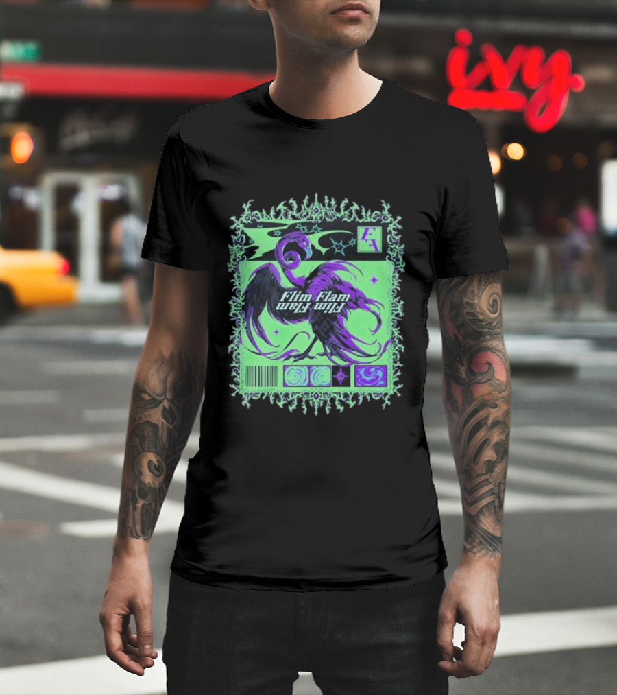 Flim Flam Flamingo Comic Cover Retro Art With Psychedelic Patterns And Barcode T-Shirt