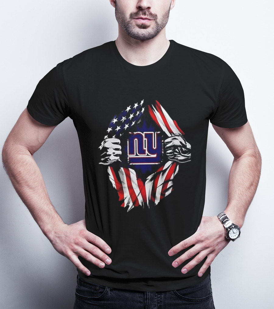 New York Giants American Flag Rip Super Man X Skull Cap Backwards T-Shirt