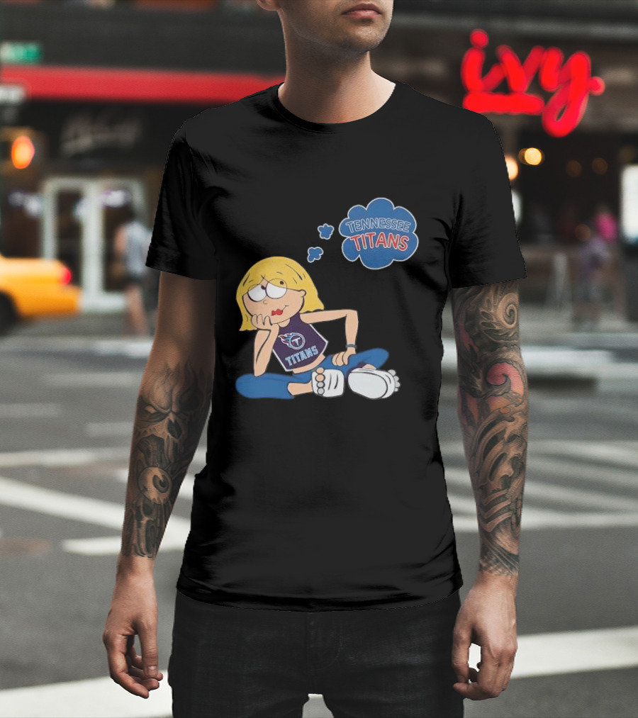 Tennessee Titans Blonde Cartoon Girl Sitting Thinking Thought Bubble Titans T-Shirt