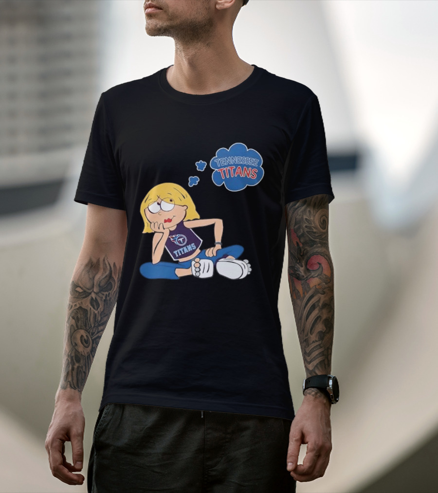 Tennessee Titans Blonde Cartoon Girl Sitting Thinking Thought Bubble Titans T-Shirt