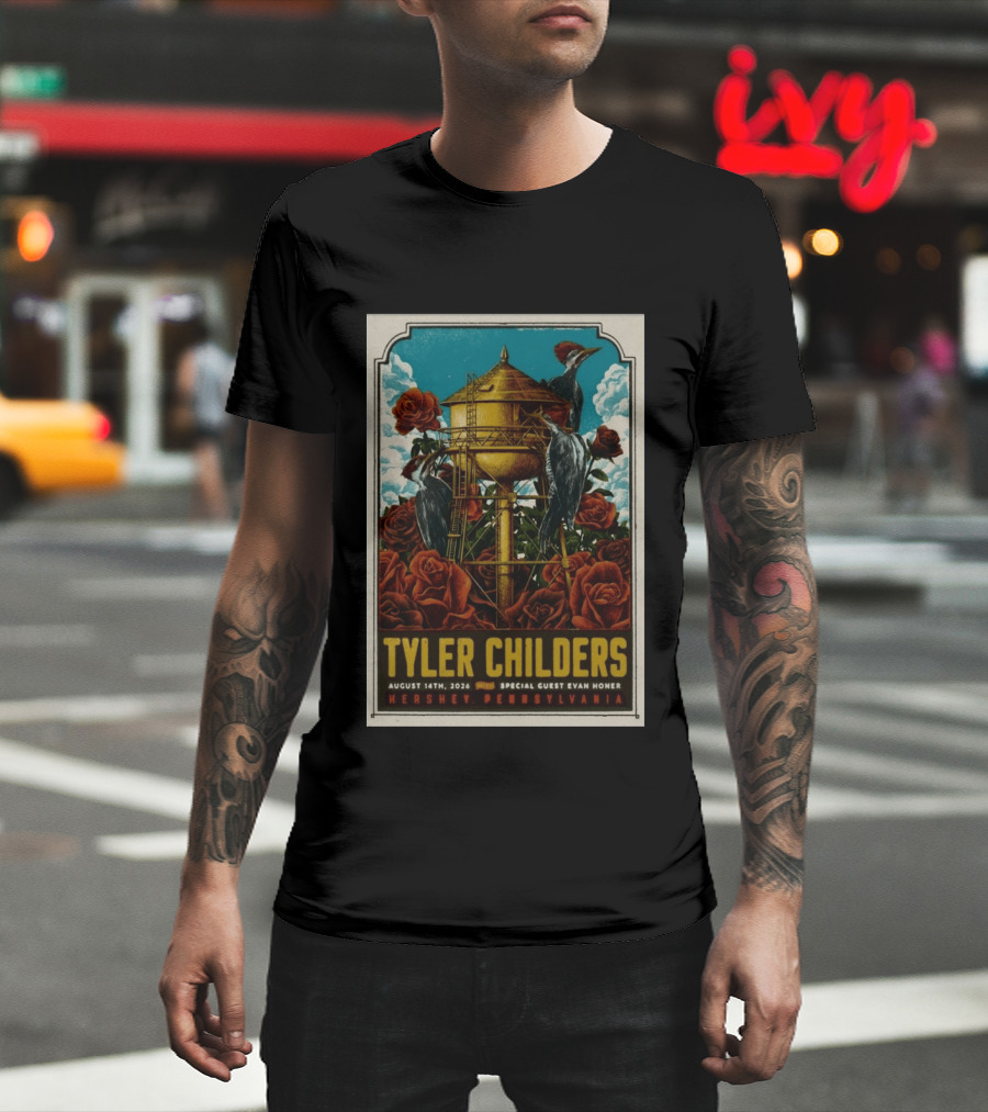 Tyler Childers August 14 2026 Hershey PA Water Tower Woodpeckers Roses T-Shirt
