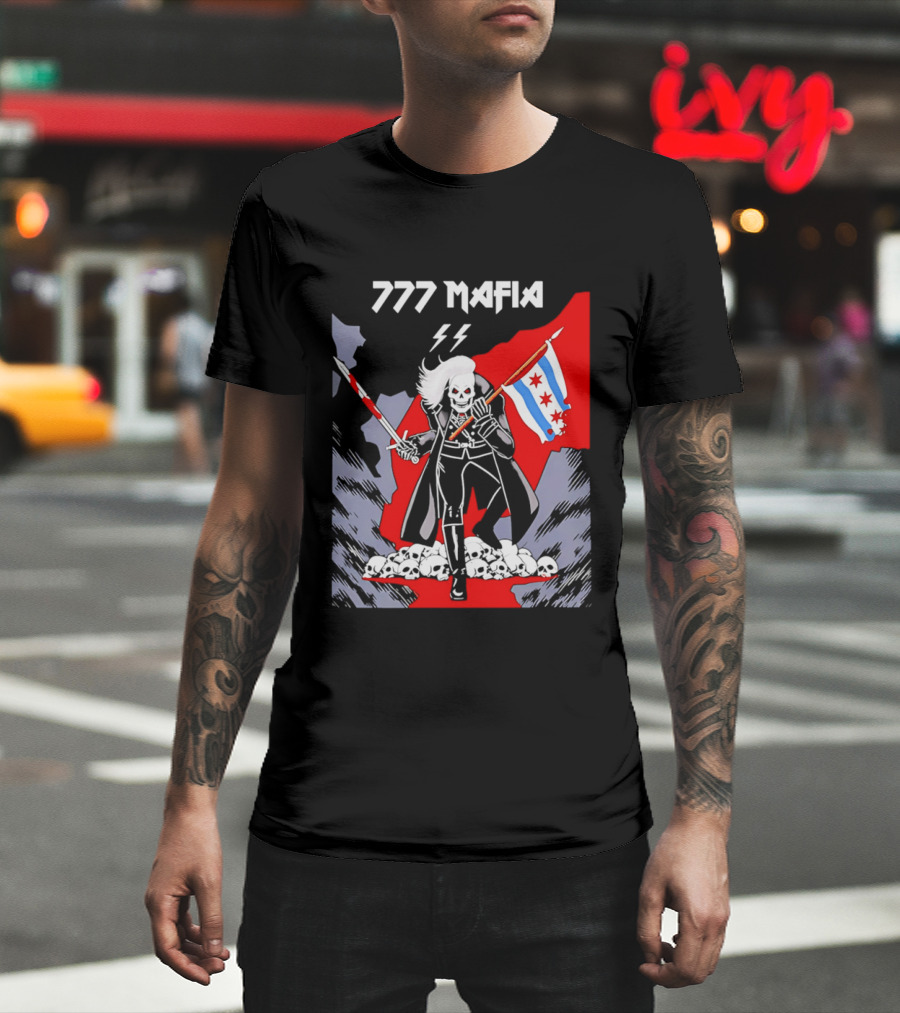 777 Mafia Chicago Flag Skeleton Skull T-Shirt