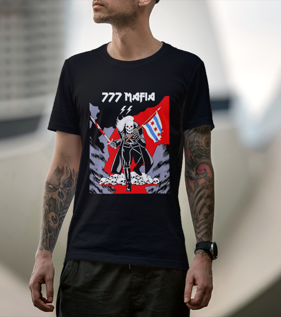 777 Mafia Chicago Flag Skeleton Skull T-Shirt