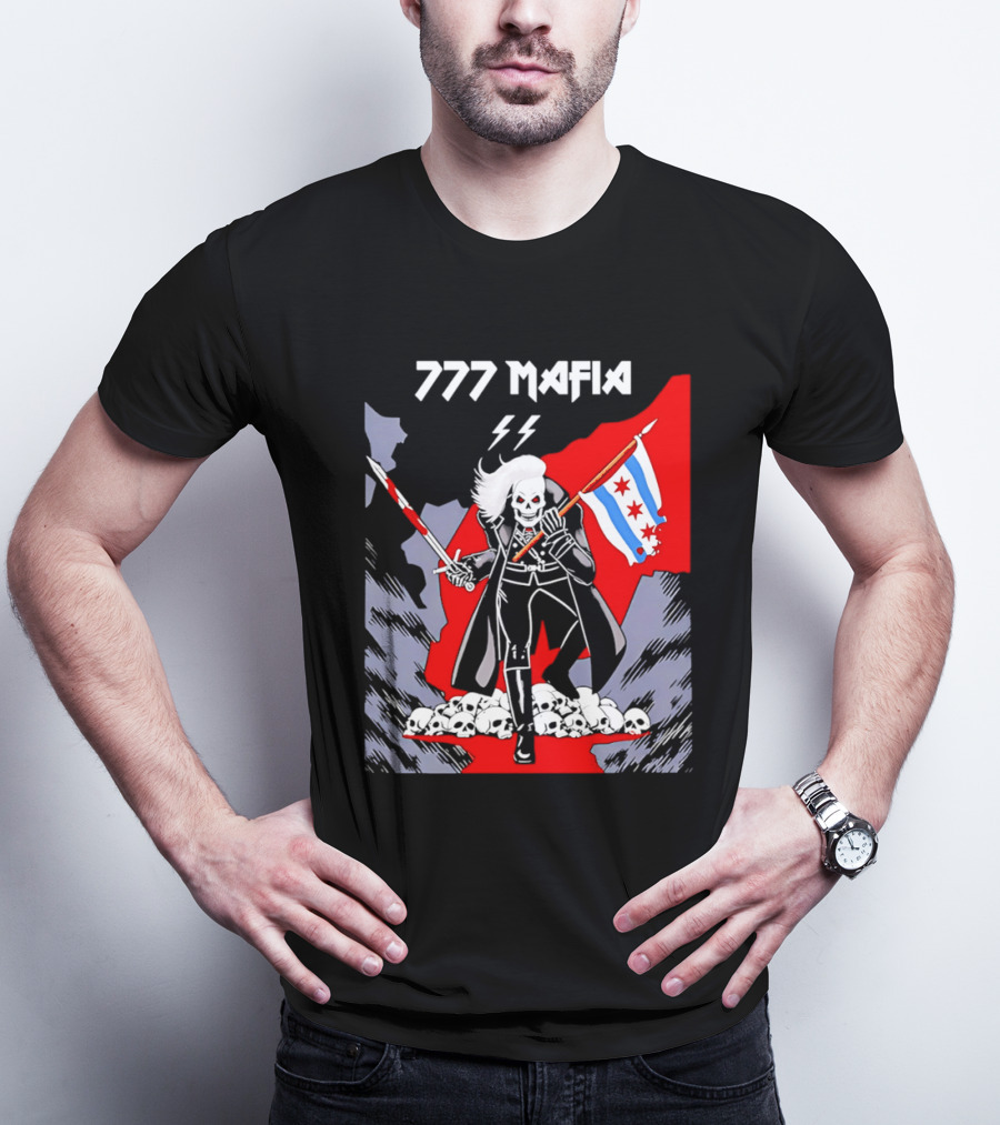 777 Mafia Chicago Flag Skeleton Skull T-Shirt