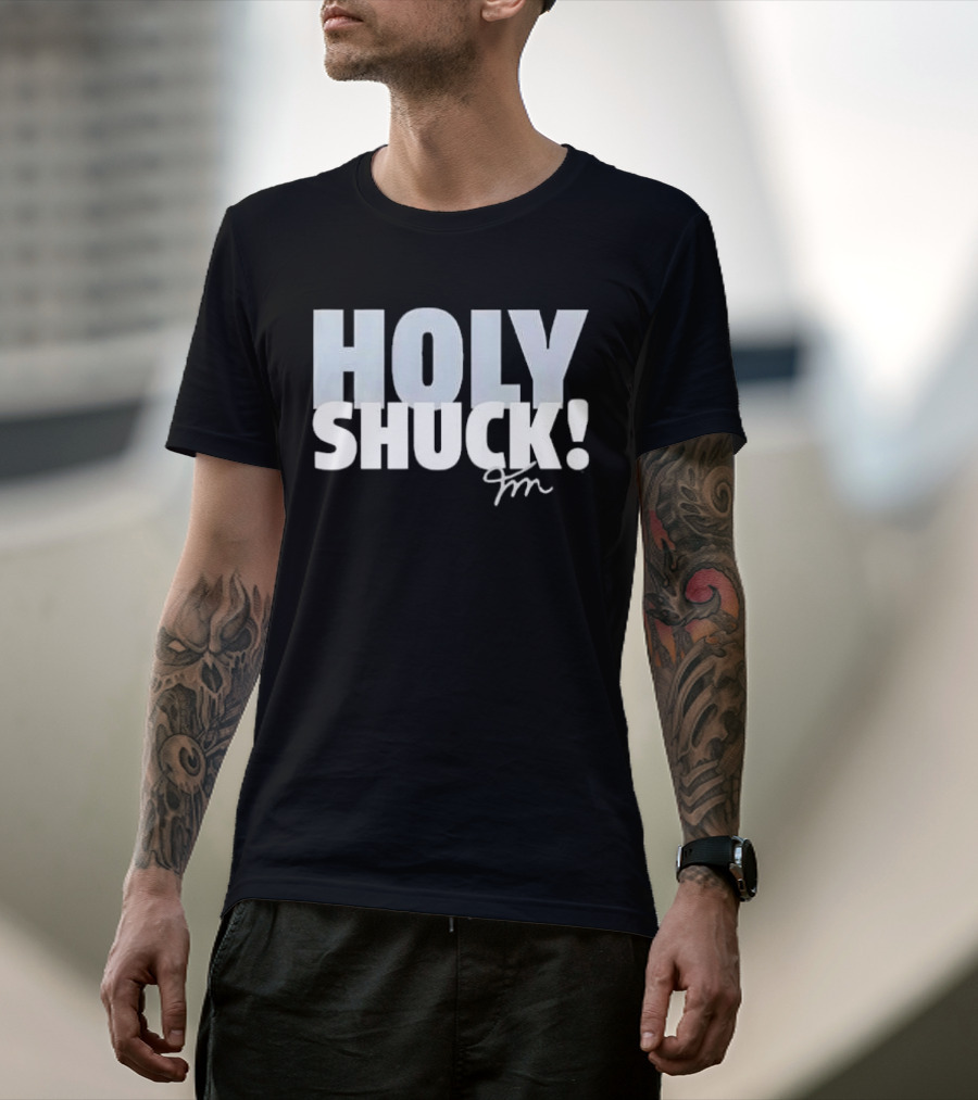 Holy Shuck Overlapping Stacked Cursive Script Signature T-Shirt