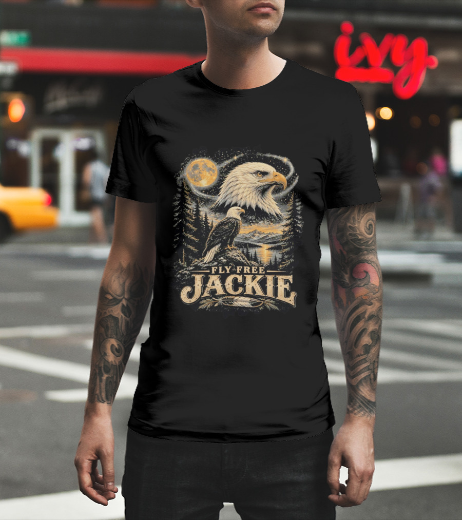 Fly Free Jackie Bald Eagle Scenic Tribute Moonlit Forest Landscape T-Shirt