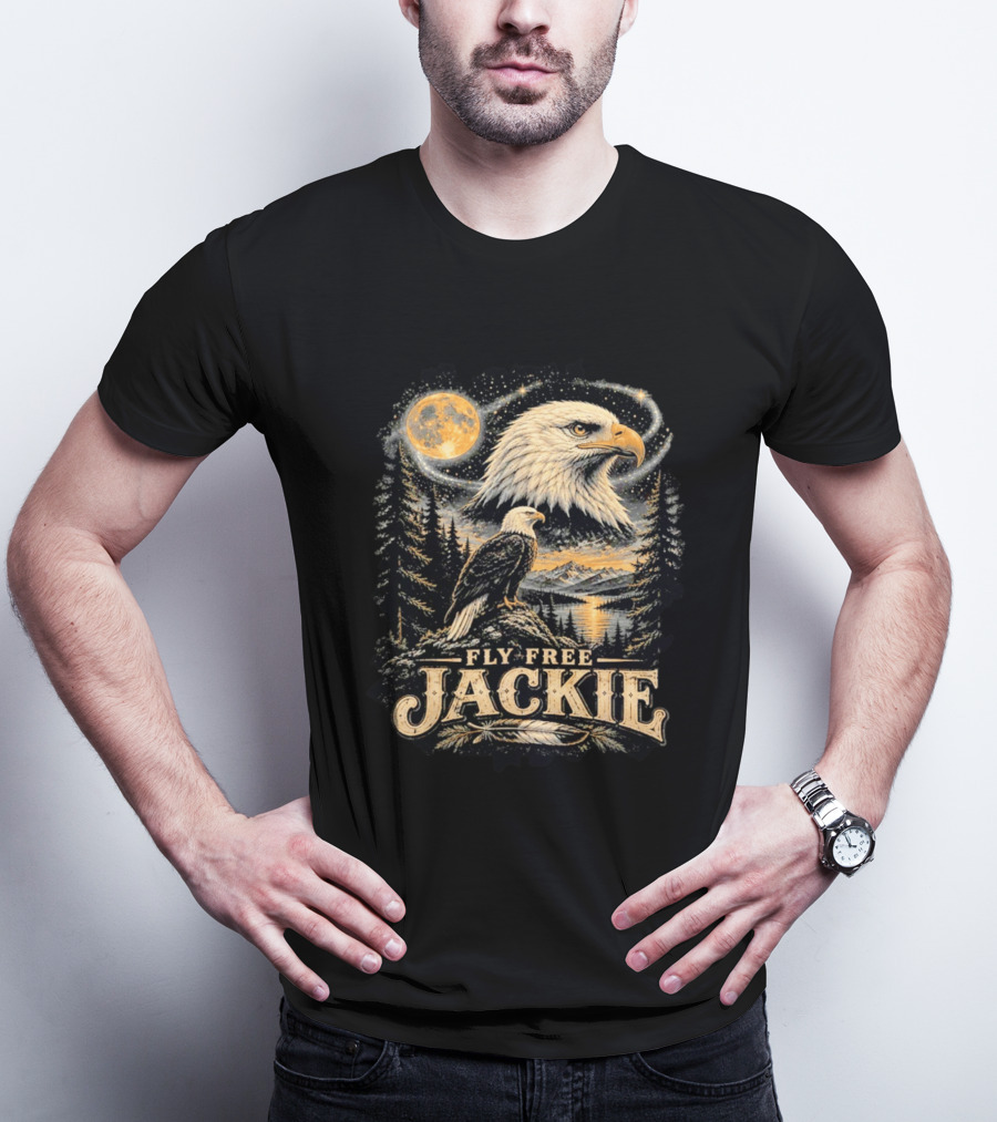 Fly Free Jackie Bald Eagle Scenic Tribute Moonlit Forest Landscape T-Shirt