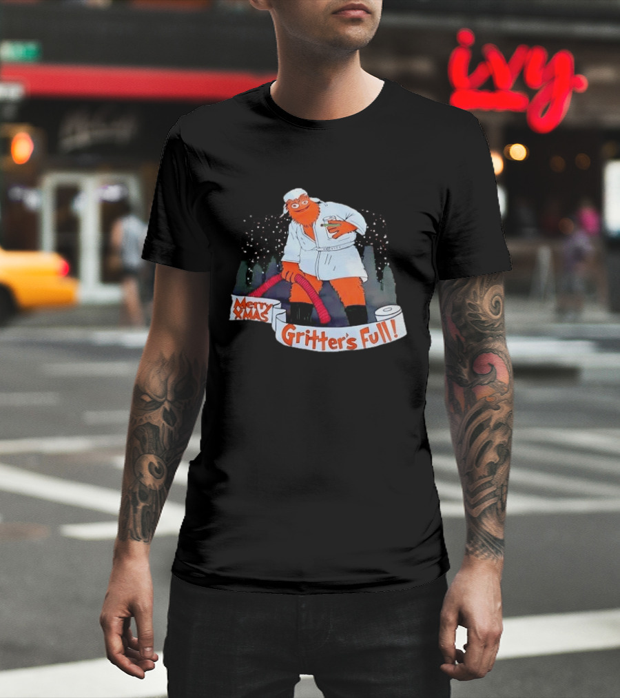 Merry Xmas Gritters Full Cartoon Orange Bathrobe Holding Hose T-Shirt