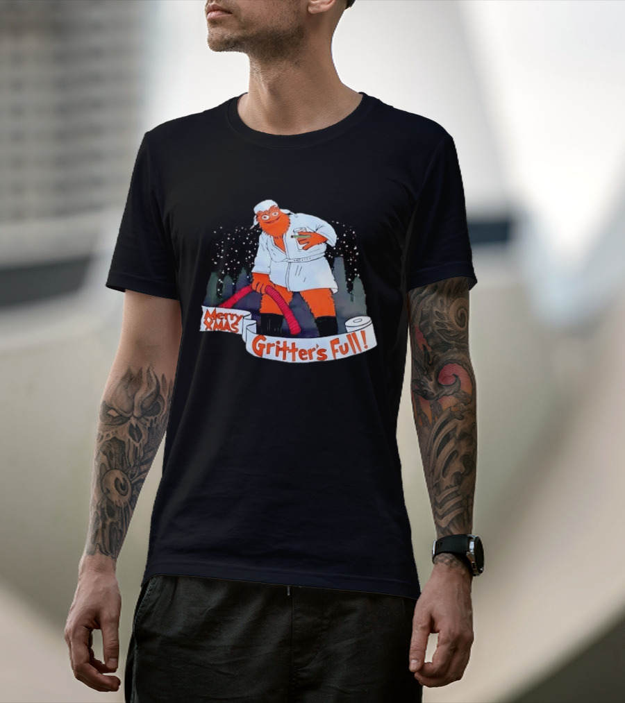 Merry Xmas Gritters Full Cartoon Orange Bathrobe Holding Hose T-Shirt