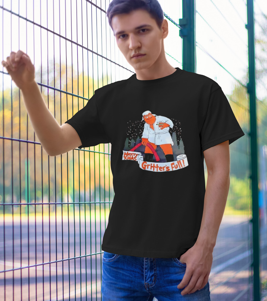 Merry Xmas Gritters Full Cartoon Orange Bathrobe Holding Hose T-Shirt