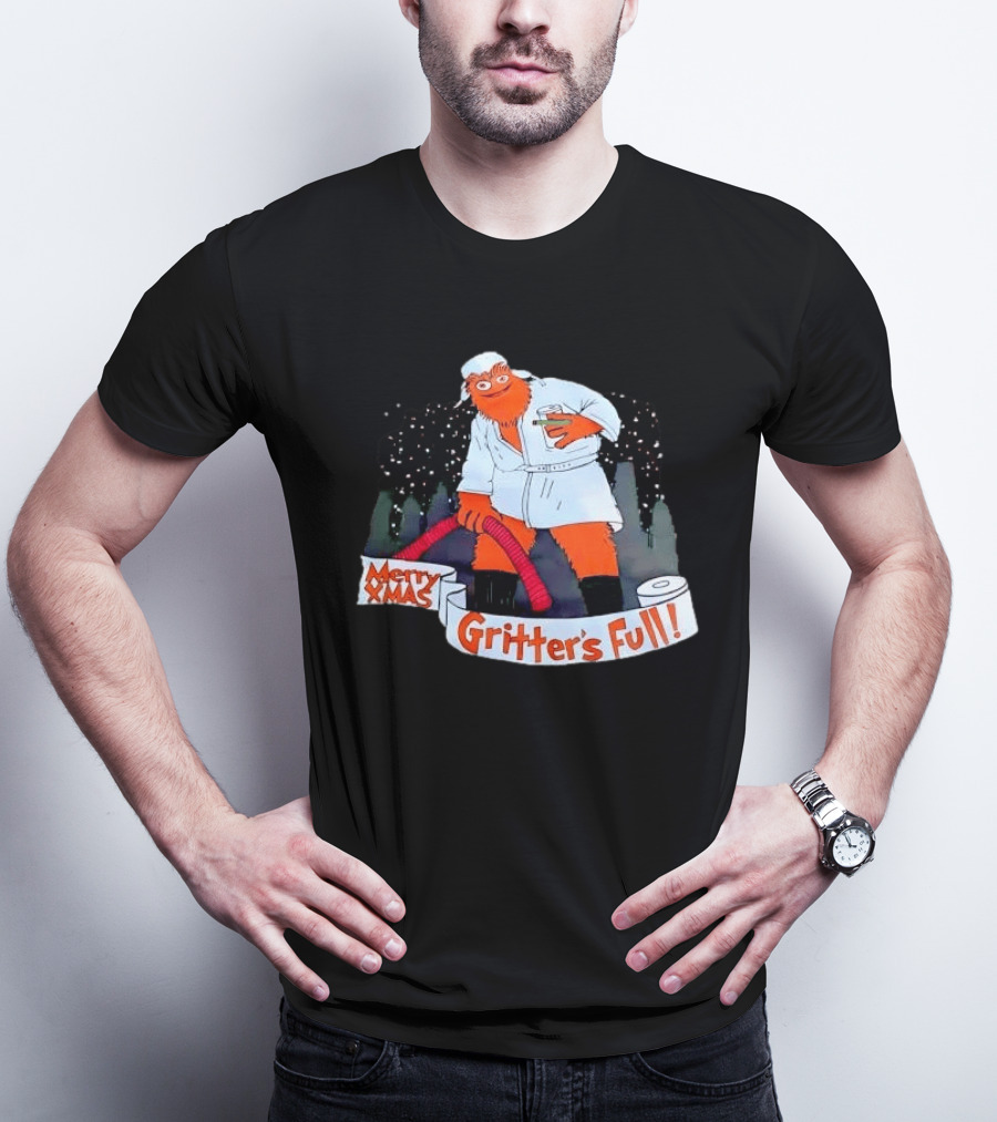 Merry Xmas Gritters Full Cartoon Orange Bathrobe Holding Hose T-Shirt