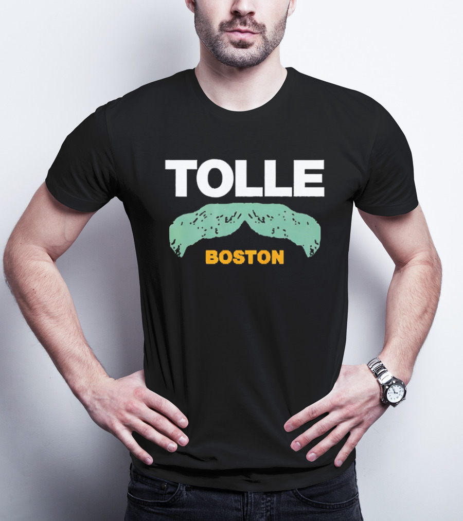 Tolle Boston White And Yellow Distressed Green Mustache T-Shirt