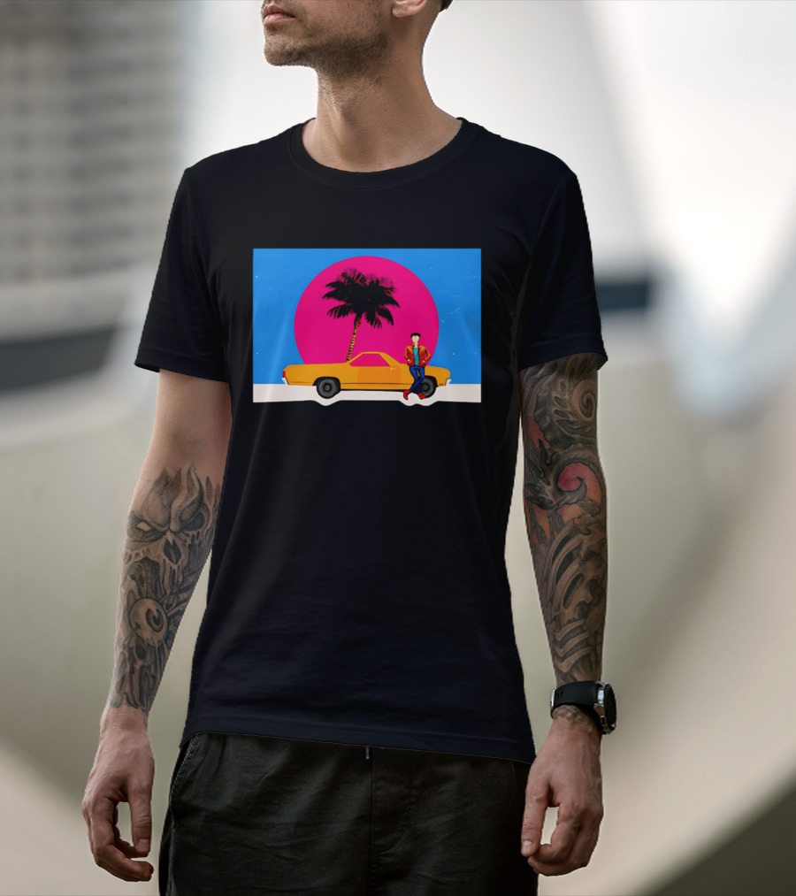 Yellow Car Palm Tree Retro Sunset Aesthetic T-Shirt