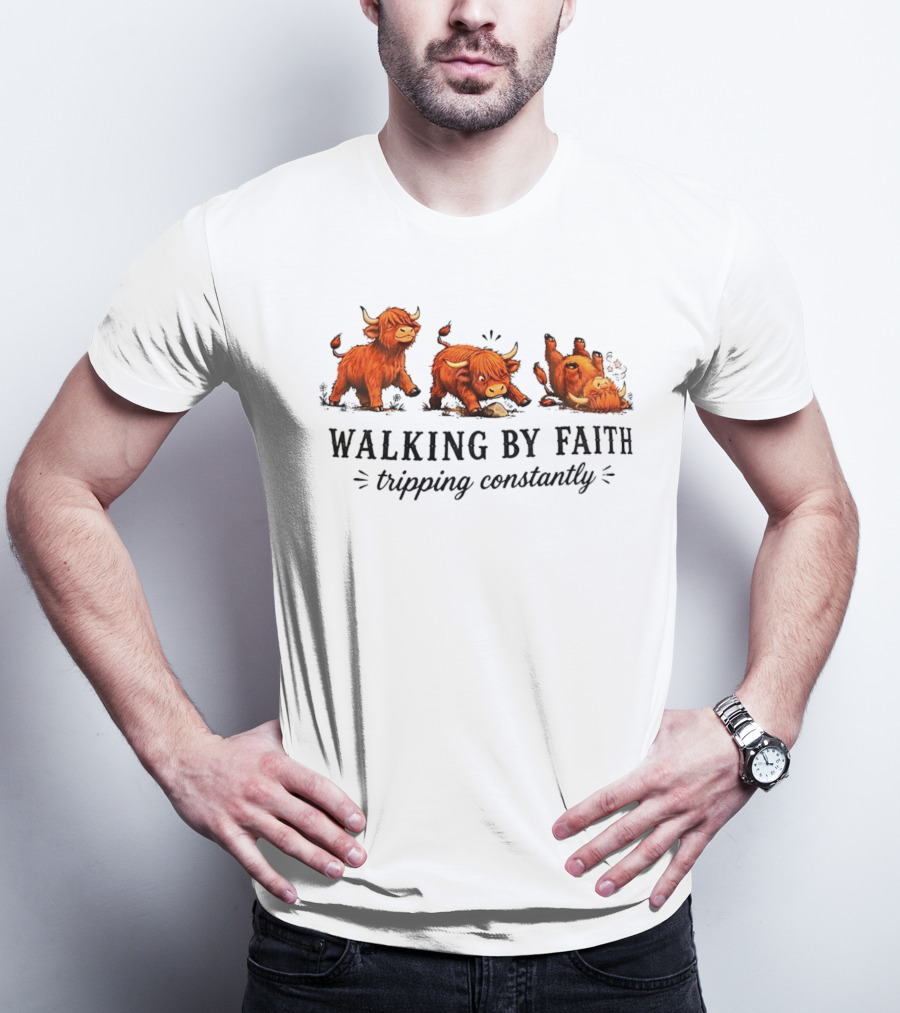 Walking By Faith Tripping Constantly Cartoon Highland Cows T-Shirt
