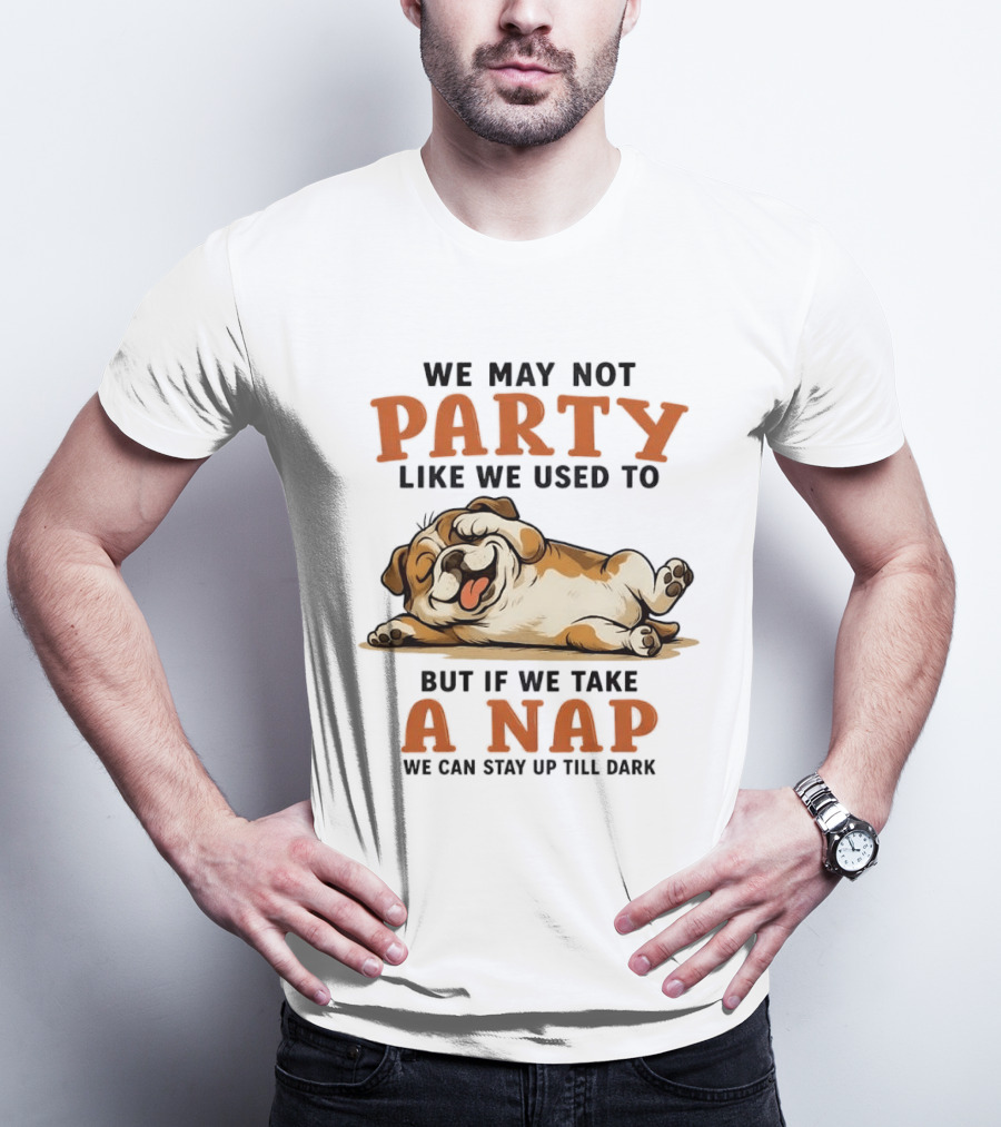 We May Not Party Like We Used To But If We Take A Nap We Can Stay Up Till Dark Cartoon Bulldog Lying Down T-Shirt