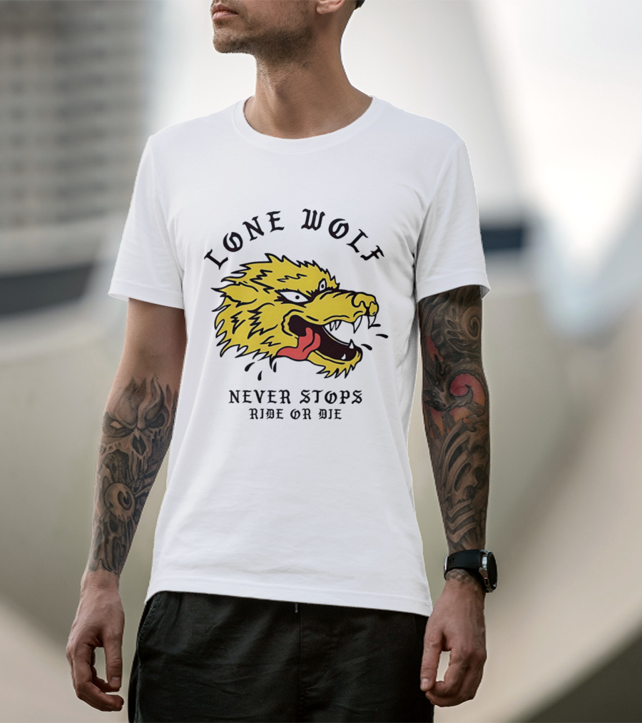 Lone Wolf Never Stops Ride Or Die Fierce Yellow Wolf Head T-Shirt