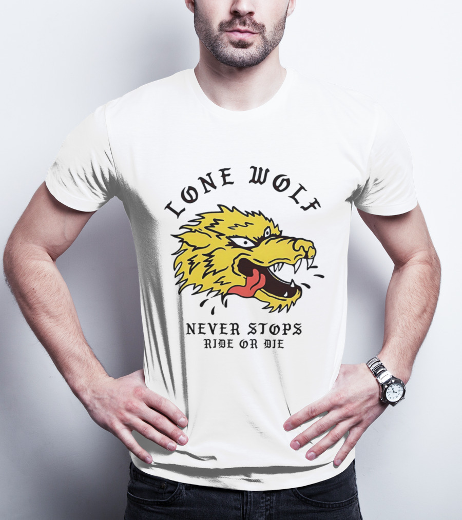 Lone Wolf Never Stops Ride Or Die Fierce Yellow Wolf Head T-Shirt
