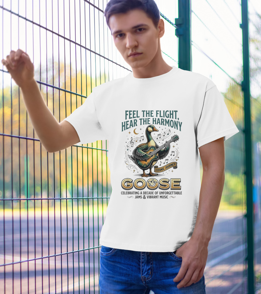 Goose Feel The Flight Hear The Harmony Cosmic Journey Celebrating A Decade Of Unforgettable Jams And Vibrant Music Moon Guitar Notes T-Shirt
