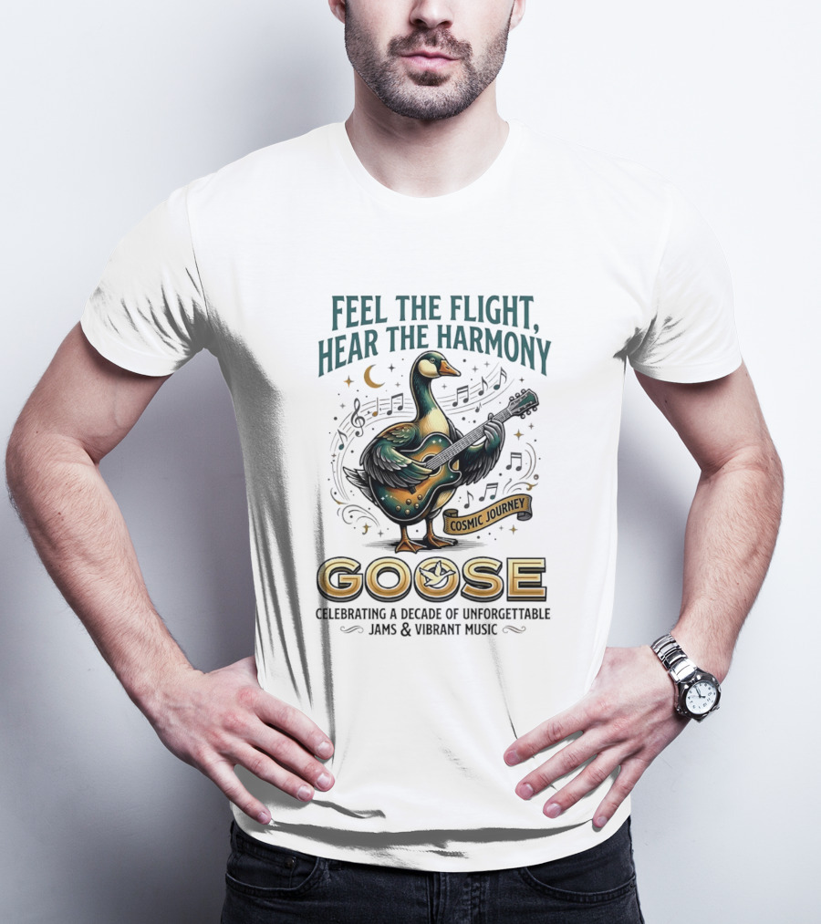 Goose Feel The Flight Hear The Harmony Cosmic Journey Celebrating A Decade Of Unforgettable Jams And Vibrant Music Moon Guitar Notes T-Shirt