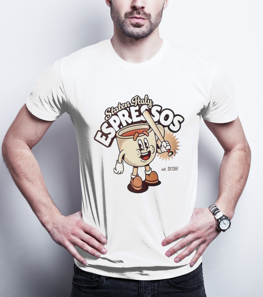 Staten Italy Espressos Est 2026 Cartoon Coffee Cup With Baseball Bat T-Shirt
