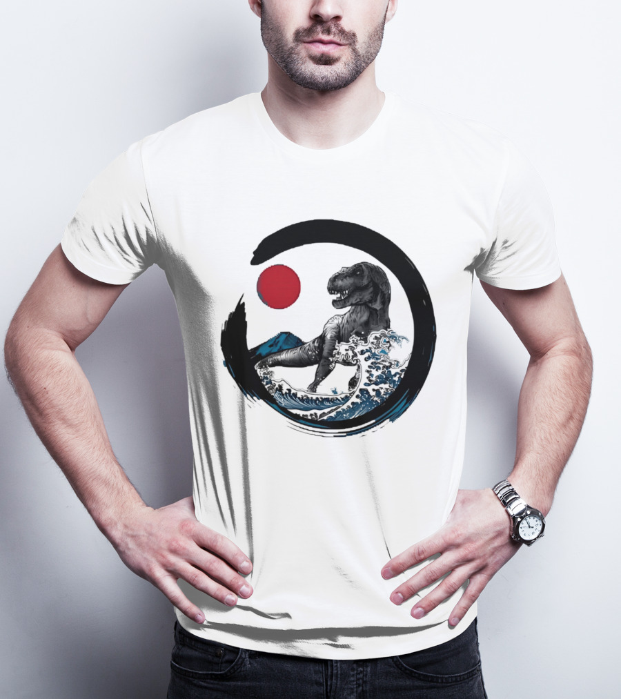 Tyrannosaurus Rex Riding Great Wave With Mount Fuji Enso And Red Sun T-Shirt
