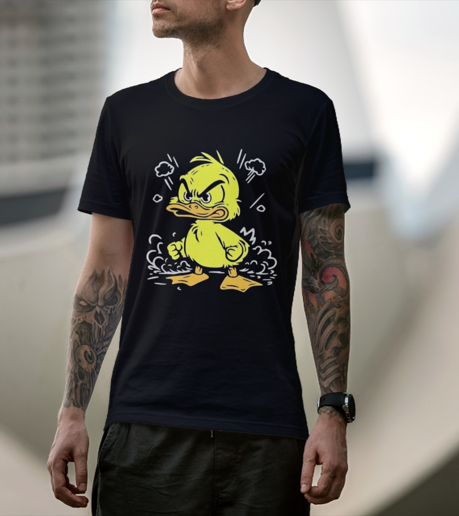 Angry Yellow Duckling Clenched Fists Smoke Clouds Cartoon Line T-Shirt