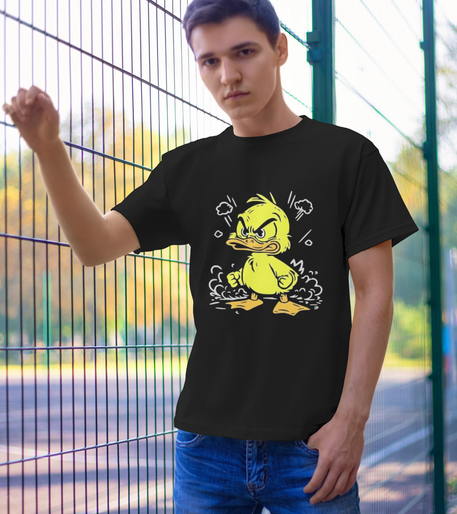 Angry Yellow Duckling Clenched Fists Smoke Clouds Cartoon Line T-Shirt