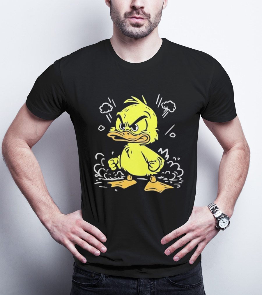 Angry Yellow Duckling Clenched Fists Smoke Clouds Cartoon Line T-Shirt