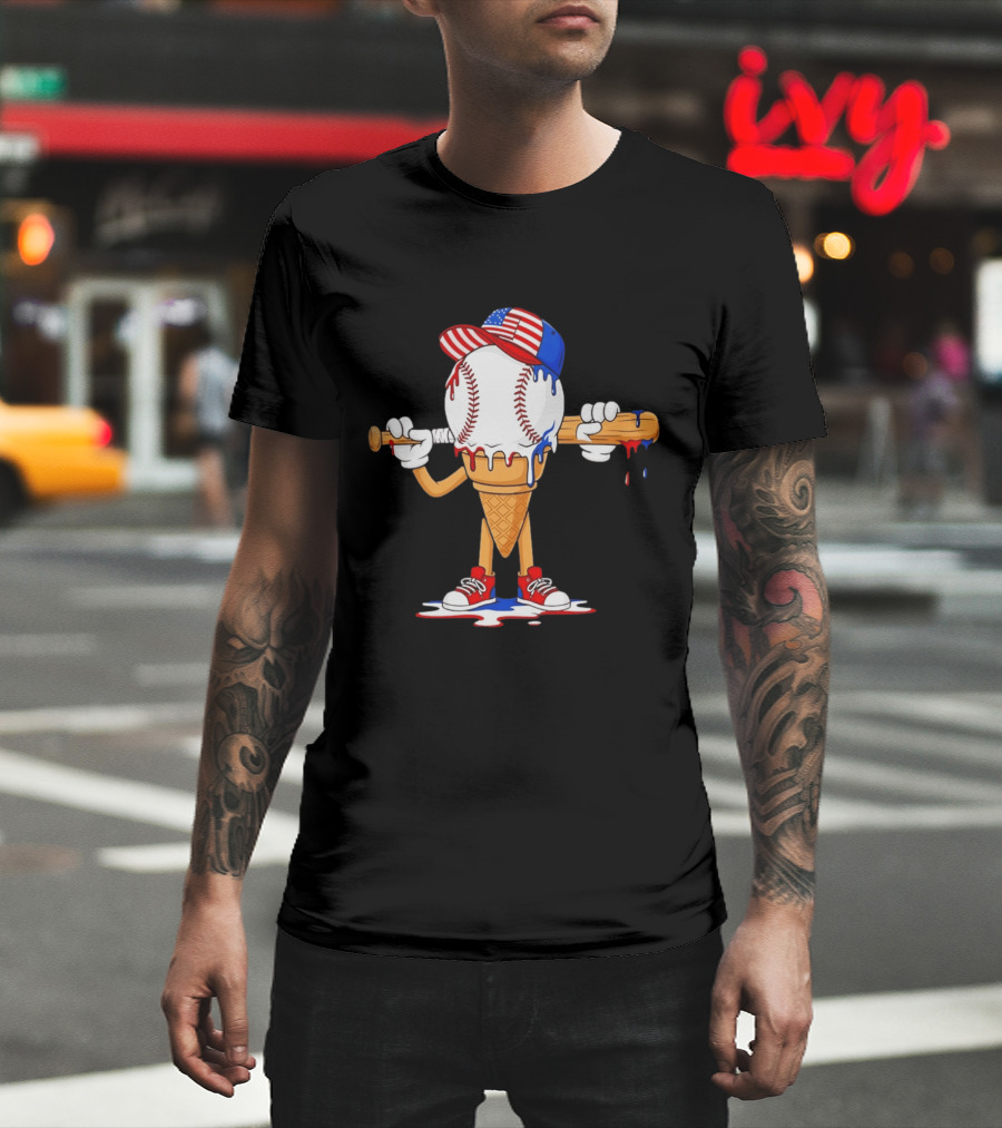 Patriotic Ice Cream Baseball Cone USA Flag Cap And Bat T-Shirt