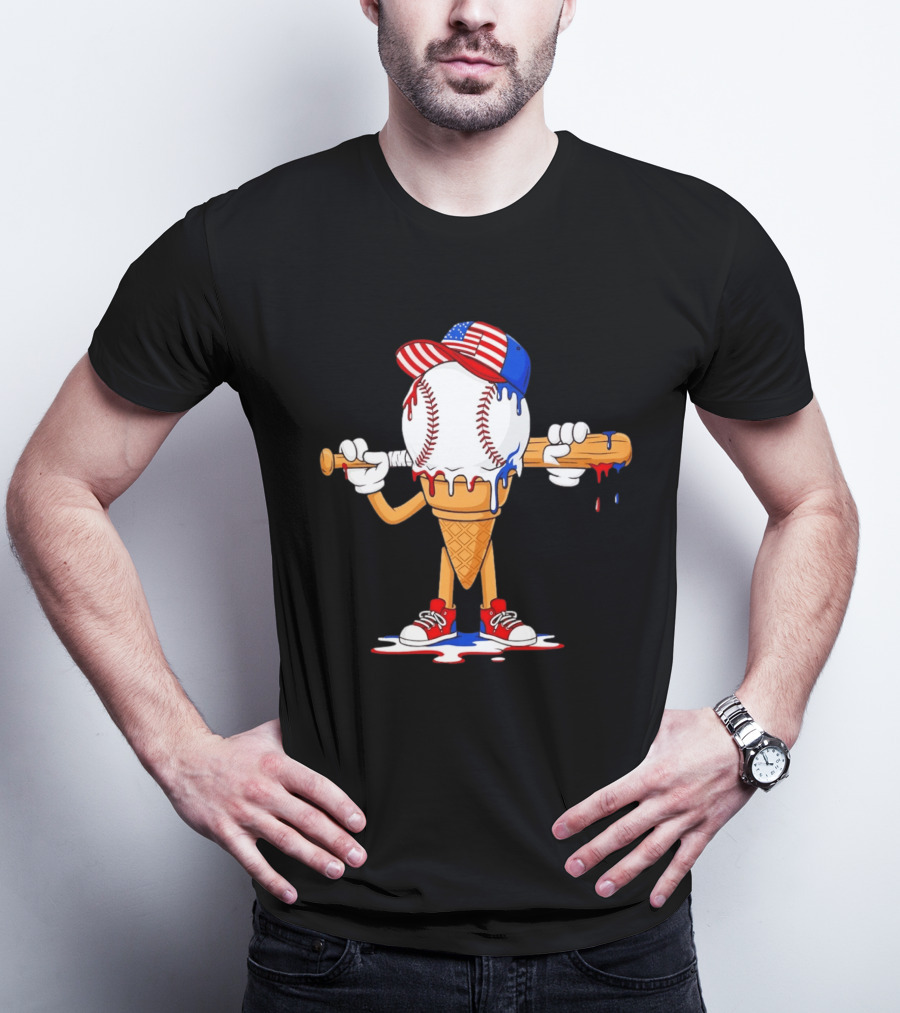 Patriotic Ice Cream Baseball Cone USA Flag Cap And Bat T-Shirt
