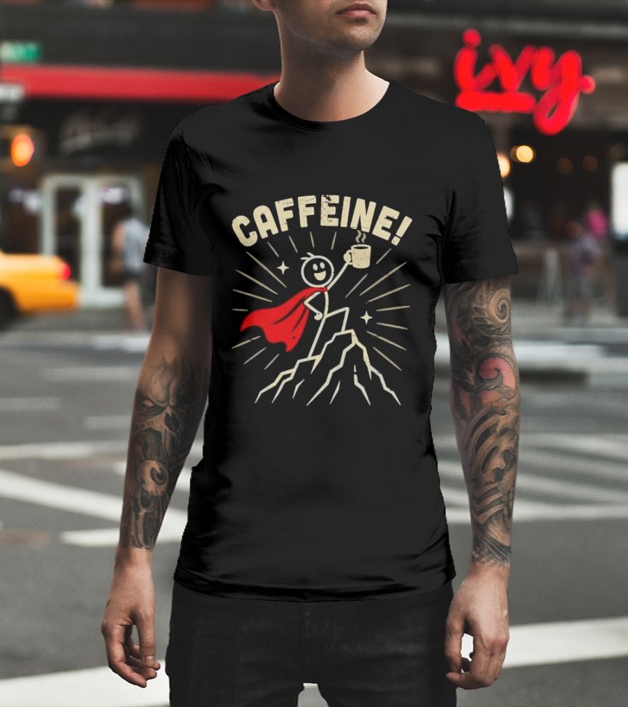 Caffeine Distressed Stick Figure Superhero Holding Coffee On Mountain Peak T-Shirt