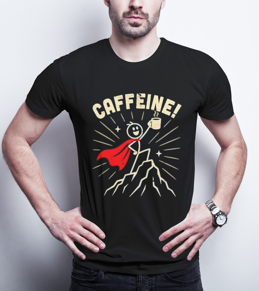 Caffeine Distressed Stick Figure Superhero Holding Coffee On Mountain Peak T-Shirt