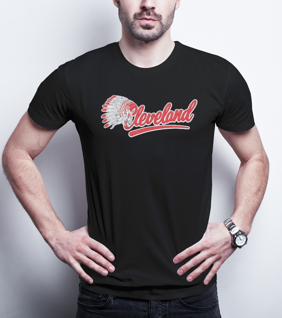 Cleveland Native American Feather Headdress Distressed Script T-Shirt