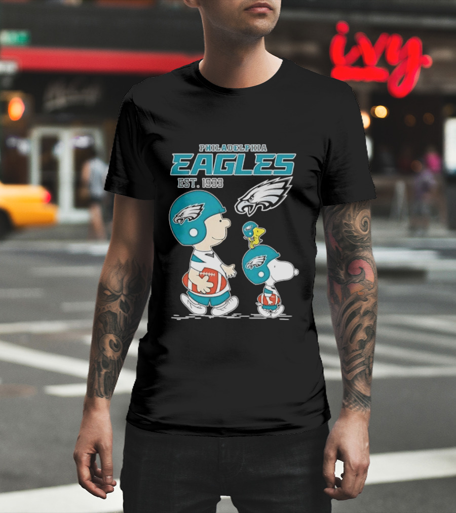 Philadelphia Eagles Est 1933 Cartoon Boy Dog Helmets Footballs T-Shirt