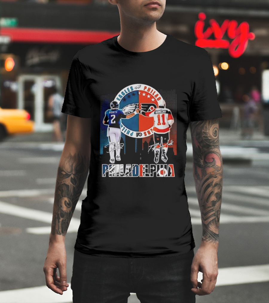 Philadelphia Eagles Flyers Hurts Konecny Fist Bump Split Crest Skyline T-Shirt
