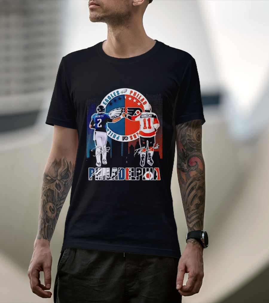 Philadelphia Eagles Flyers Hurts Konecny Fist Bump Split Crest Skyline T-Shirt