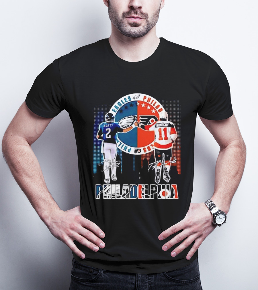 Philadelphia Eagles Flyers Hurts Konecny Fist Bump Split Crest Skyline T-Shirt