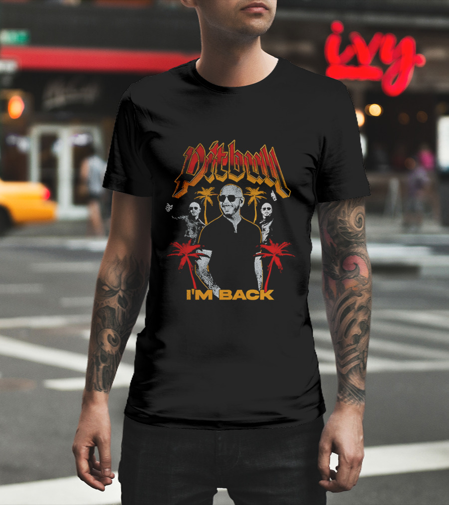 Pitbull I'M Back With Red And Orange Palm Trees T-Shirt