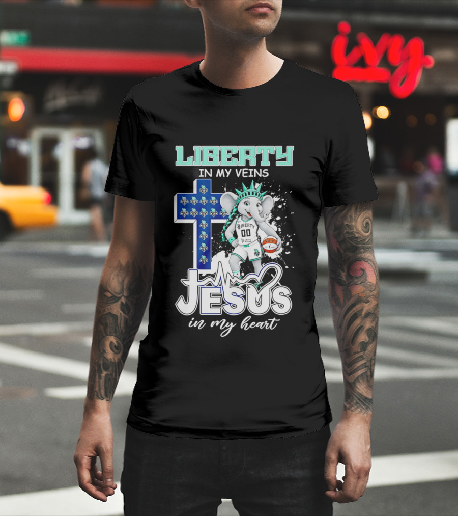 Liberty In My Veins Jesus In My Heart New York Liberty Elephant Basketball Cross T-Shirt
