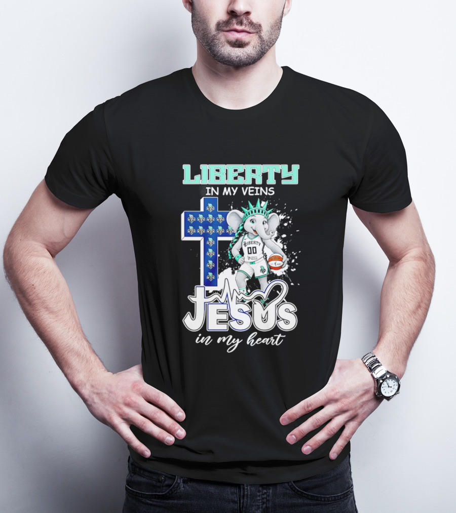 Liberty In My Veins Jesus In My Heart New York Liberty Elephant Basketball Cross T-Shirt