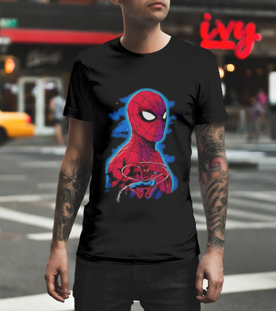 Marvel Spider Man Bust Crouching Web Action Silhouette Clouds T-Shirt