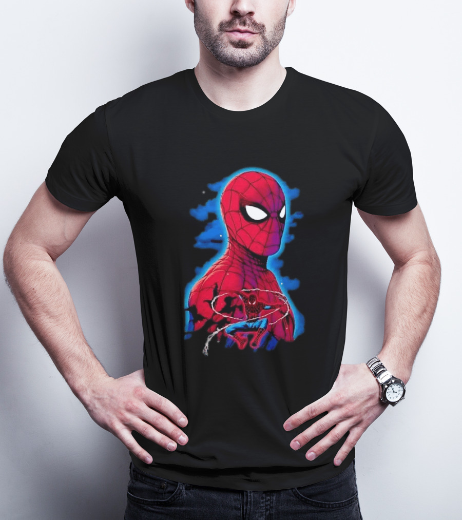 Marvel Spider Man Bust Crouching Web Action Silhouette Clouds T-Shirt