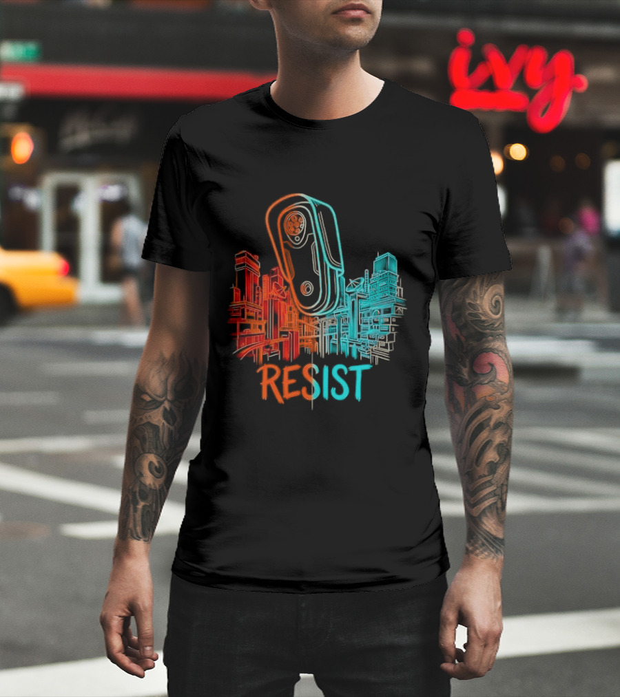 Resist Surveillance Neon City Skyline Security Camera T-Shirt