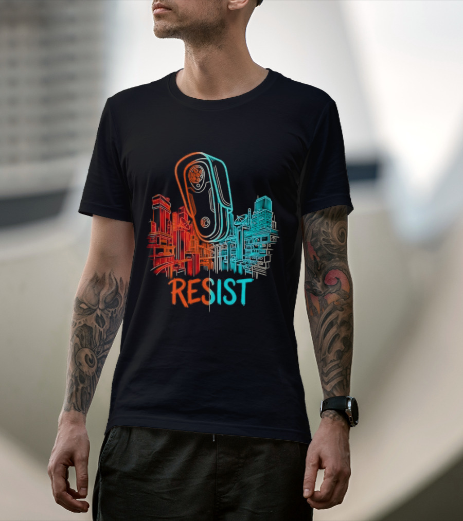 Resist Surveillance Neon City Skyline Security Camera T-Shirt