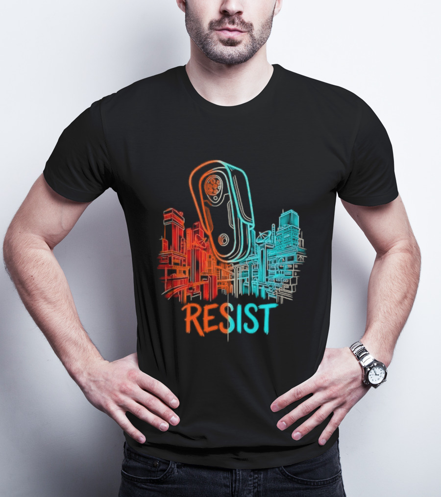 Resist Surveillance Neon City Skyline Security Camera T-Shirt