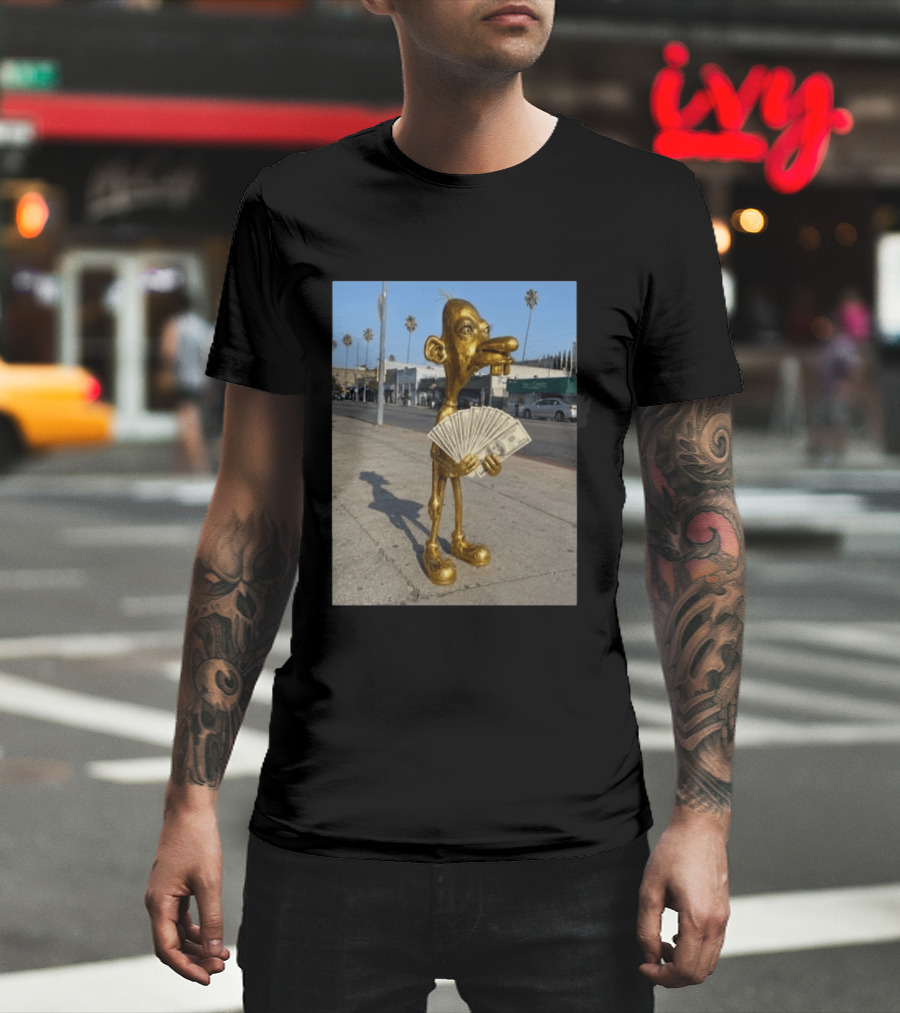 Rich Neegy Golden Cartoon Character Holding Cash On Street T-Shirt