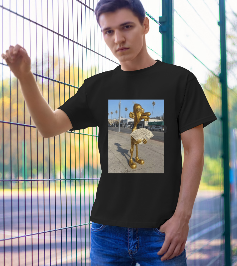 Rich Neegy Golden Cartoon Character Holding Cash On Street T-Shirt