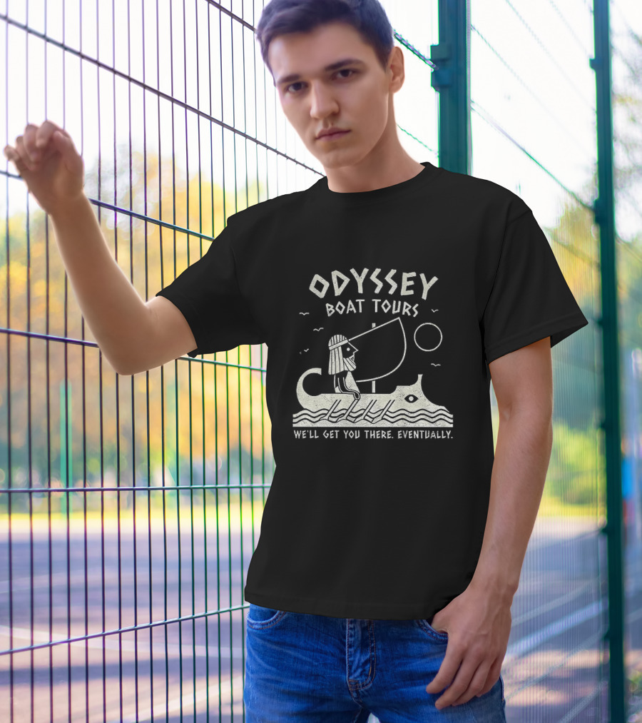 Odyssey Boat Tours Mythological Traveler In Antique Rowing Ship We'll Get You There Eventually T-Shirt