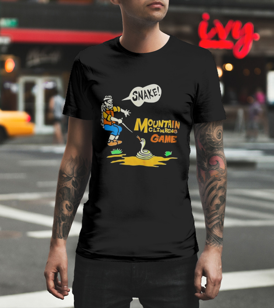 Snake Mountain Climbing Game Startled Climber Coiled Serpent Cartoon T-Shirt